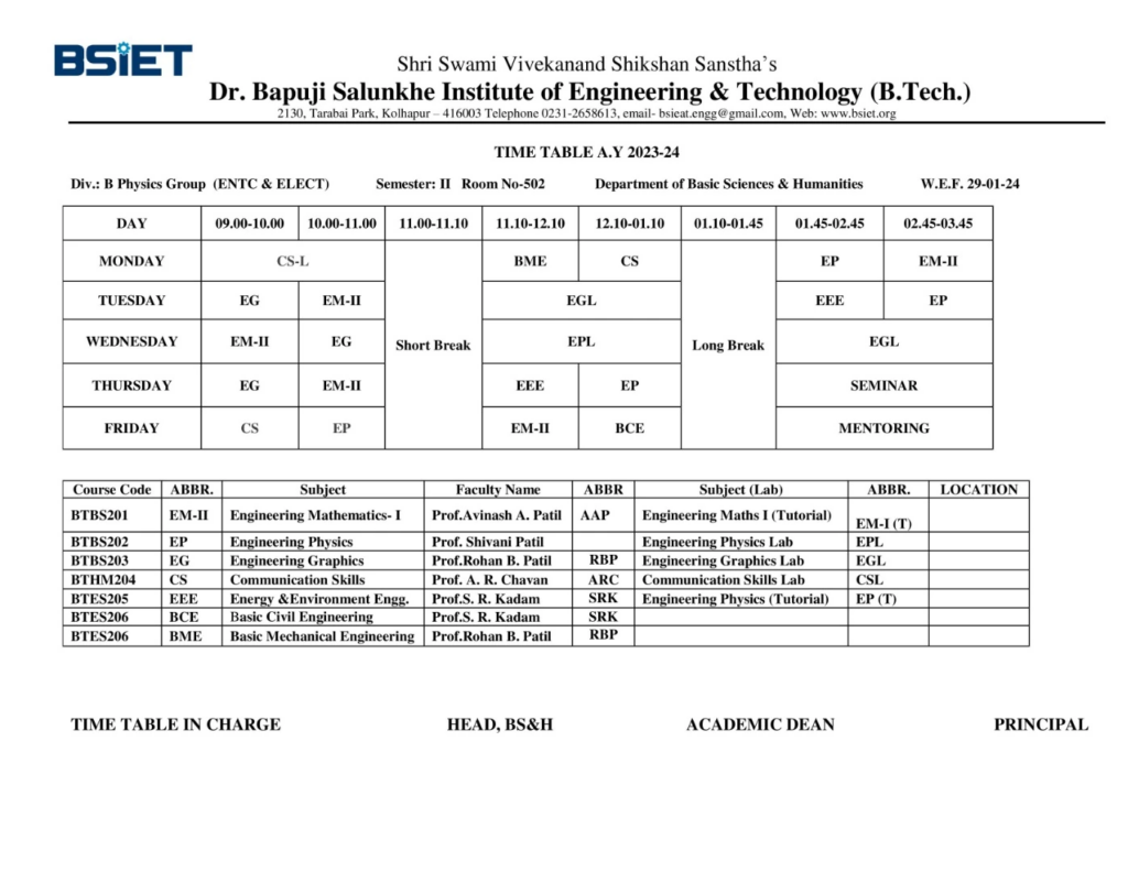 TImeTable – Dr. Bapuji Salunke Institute Of Engineering & Technology